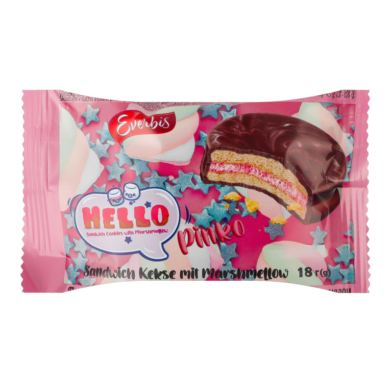 Печенье затяжное глазурованное с начинкой маршмэллоу со вкусом клубники Hello pinko Everbis м/у ...