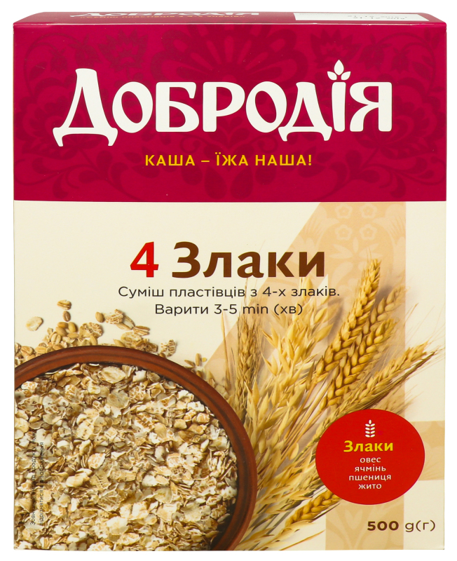 Смесь хлопьев 4 злака Добродія к/у 500г Добродія(4820182201714): купить ...