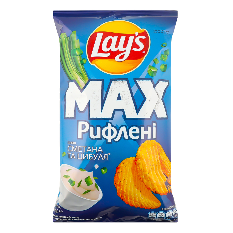 Чипсы картофельные Сметана и лук Рифленые Max Lay's м/у 120г Lay's ...