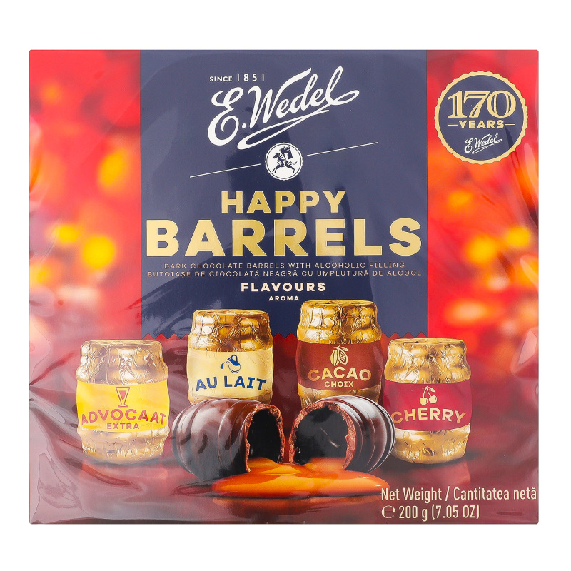 Конфеты из черного шоколада с алкогольным наполнителем Happy barrels E ...