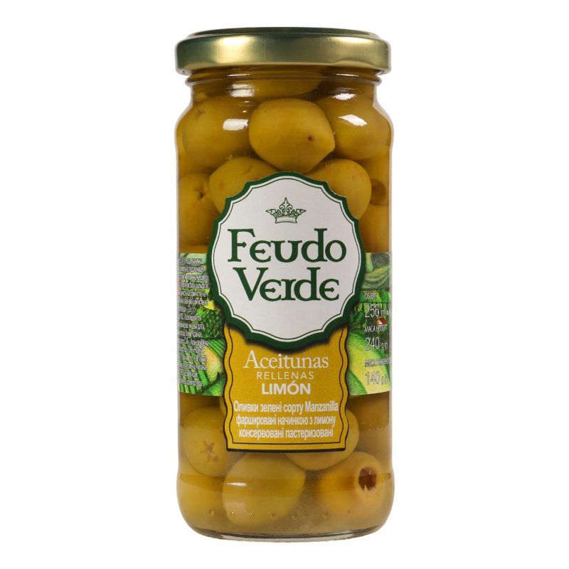 Оливки зеленые сорта Manzanilla фаршированные начинкой с лимона консервированные пастеризованные ...
