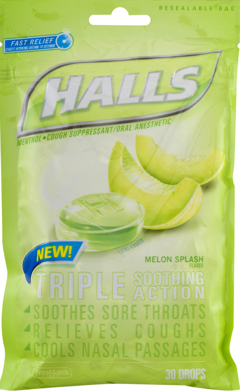 Halls Menthol Cough Suppressant/Oral Anesthetic Drops Melon Splash - 30 ...