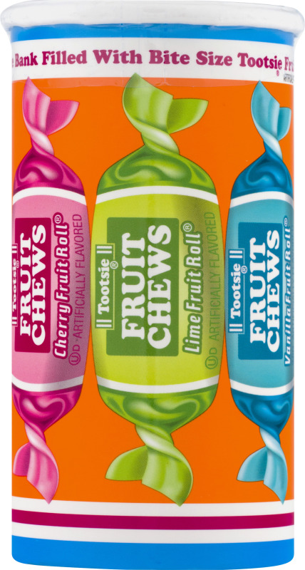 Tootsie Fruit Chews Assorted Fruit Rolls in Re-Usable Bank Container ...